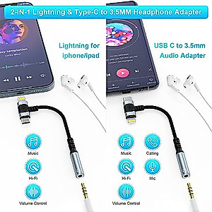 Lightning & USB-C to 3.5 mm Headphone Jack Adapter 2-IN-1 Headphone Adapter for iPhone Type C to 3.5mm Female Headphone Jack Adapter for ipad/iPhone15/14/13/12/11/8/7/Samsung/Pixel-MFI Certified