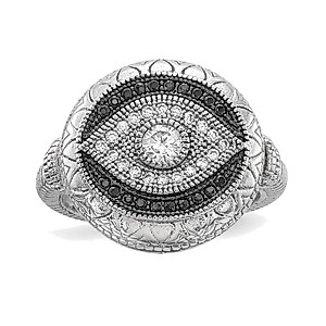 Bonyak Jewelry Solid Sterling Silver Rhodium-Plated Black and White CZ Evil Eye Ring in Size 8