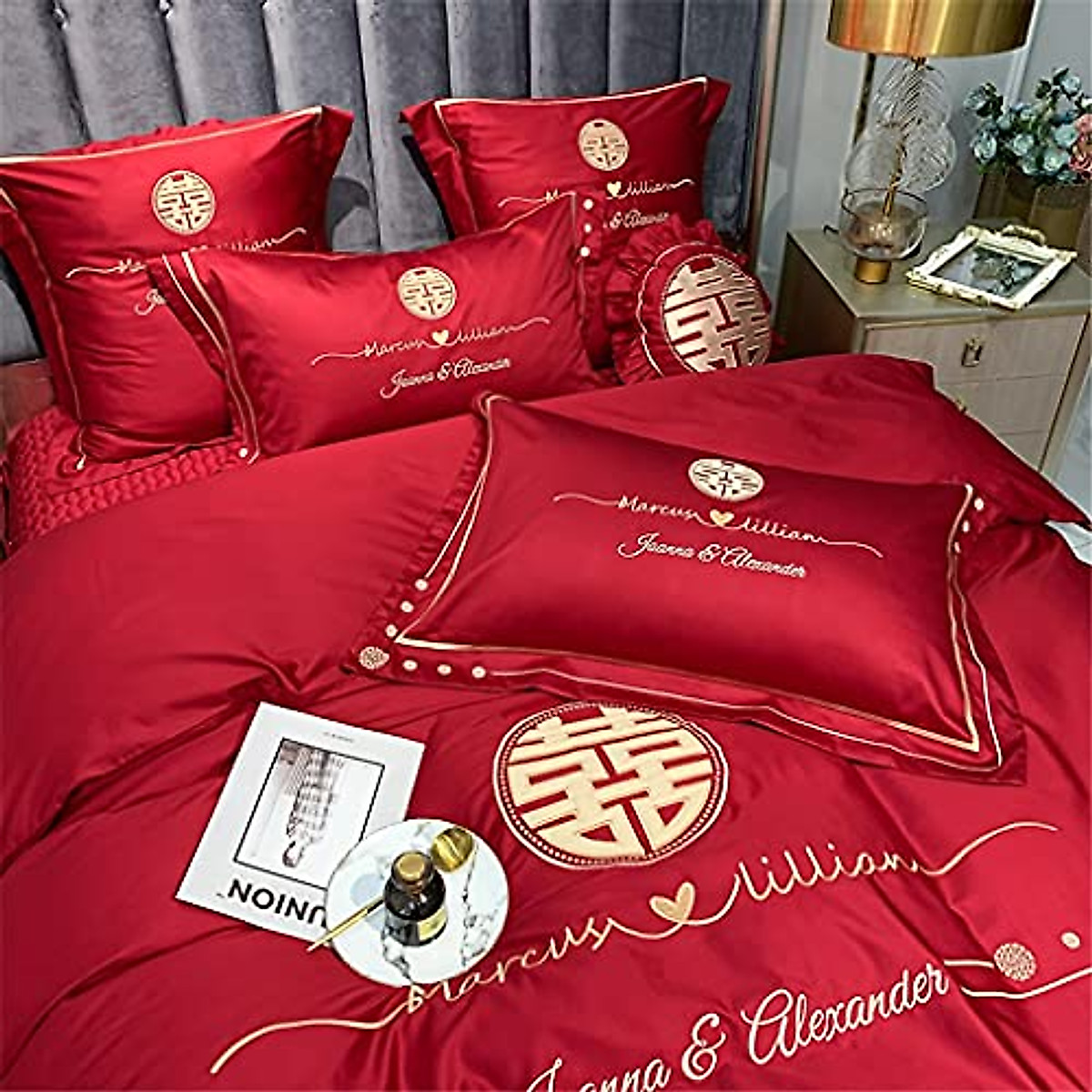 OQHAIR 60 Long-Staple Cotton Double Happiness Embroidered Four-Piece Set Red Cotton Duvet Cover Bed Cover Wedding Simple Bedding (Color : B 5-Piece Suit, Size : 1.5m) (A 4 Piece Suit)