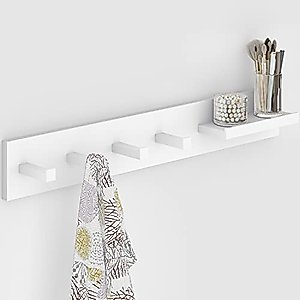 Ballucci 4-Peg Wood Wall Storage Floating Shelf and Coat Rack, Modern Hat Rack with 4 Hooks, Wall Organizer and Key Holder - White