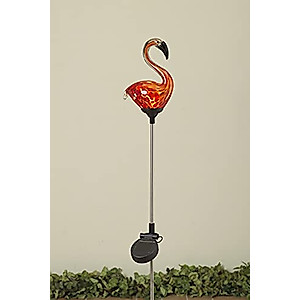 Hand Blown Glass Flamingo Solar Lighted Yard Stake, Solar Garden Torch 31 Inches High with Lighted Glass Body and Automatic Night Lighting