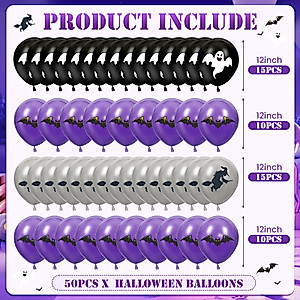 50Pcs Halloween Party Balloons Decorations Black Purple Silver Halloween Balloon 12 Inch Latex Balloons Bat Ghost Witch Balloon for Kids Halloween Trick or Treat Party Birthday Baby Shower Supplies