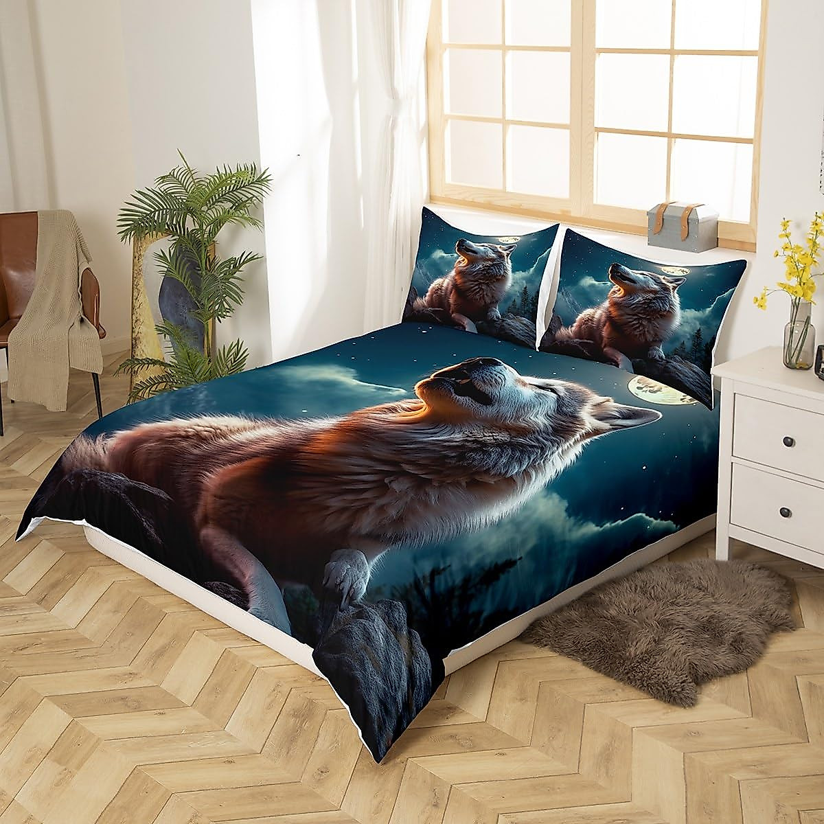 Feelyou Wolf Bedding Set Queen Size, Wolf Animal Duvet Cover Kids Boys Girls Wild Wolf Comforter Cover Kids Wolf Bedspread Cover Soft Quilt Cover 3Pcs(No Comforter)