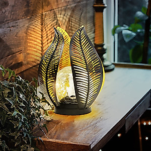 QZGE Solar Garden Lights Waterproof Decorations,Crackle Globe Glass,Metal Palm Leaf Solar Lights for Outdoor Decor On Garden,Patio,Yard,Front Porch,Tabletop Lamp-Perfect Gifts