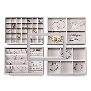 Vlando Jewelry Tray - Faux Leather Glass-top Jewelry Storage Organizer - Earring Necklace Bracelet Ring Display Desktop Drawer Chest, 4-Layer w/Clear Lid, Grey