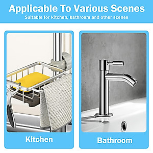CAGSIG Kitchen Sink Faucet Organizer, Faucet Storage Rack with Drain Tray & Towel Rack, Multi-Function Sponge Holder Faucet Storage Rack for 0.7-1.1 Inch Round Water Pipes Silver-Left