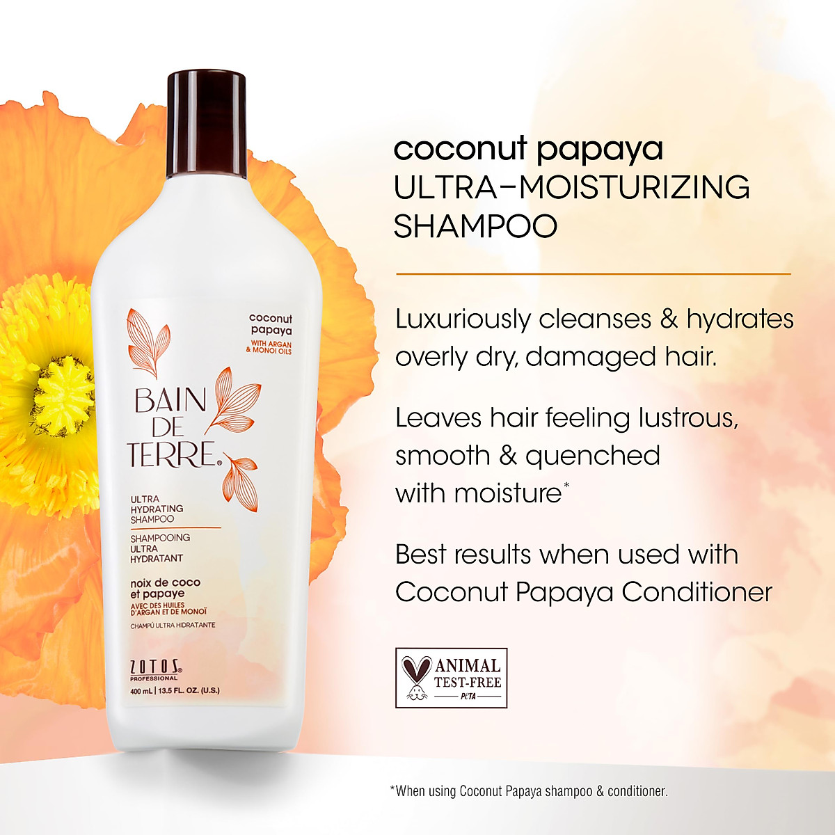 Bain de Terre Coconut Papaya Ultra Hydrating Shampoo, Moisture Quench for Dry, Damaged Hair, with Argan & Monoi Oils, Paraben-Free, Color-Safe, Vegan,13.5 Fl Oz