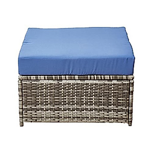 MOLIXXES 4 Pieces PE Wicker Outdoor Sofa Couch Sectional Patio Set,Patio Furniture Sectional Sofa with Ottoman, Glass Table, Pillow,Gray Rattan Blue Cushion