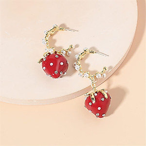 JOYA GIFT 3D Red Strawberry Earrings C Gold Pearl Red Strawberry Earrings Fruit Fashion Drop Dangle Earrings for Women