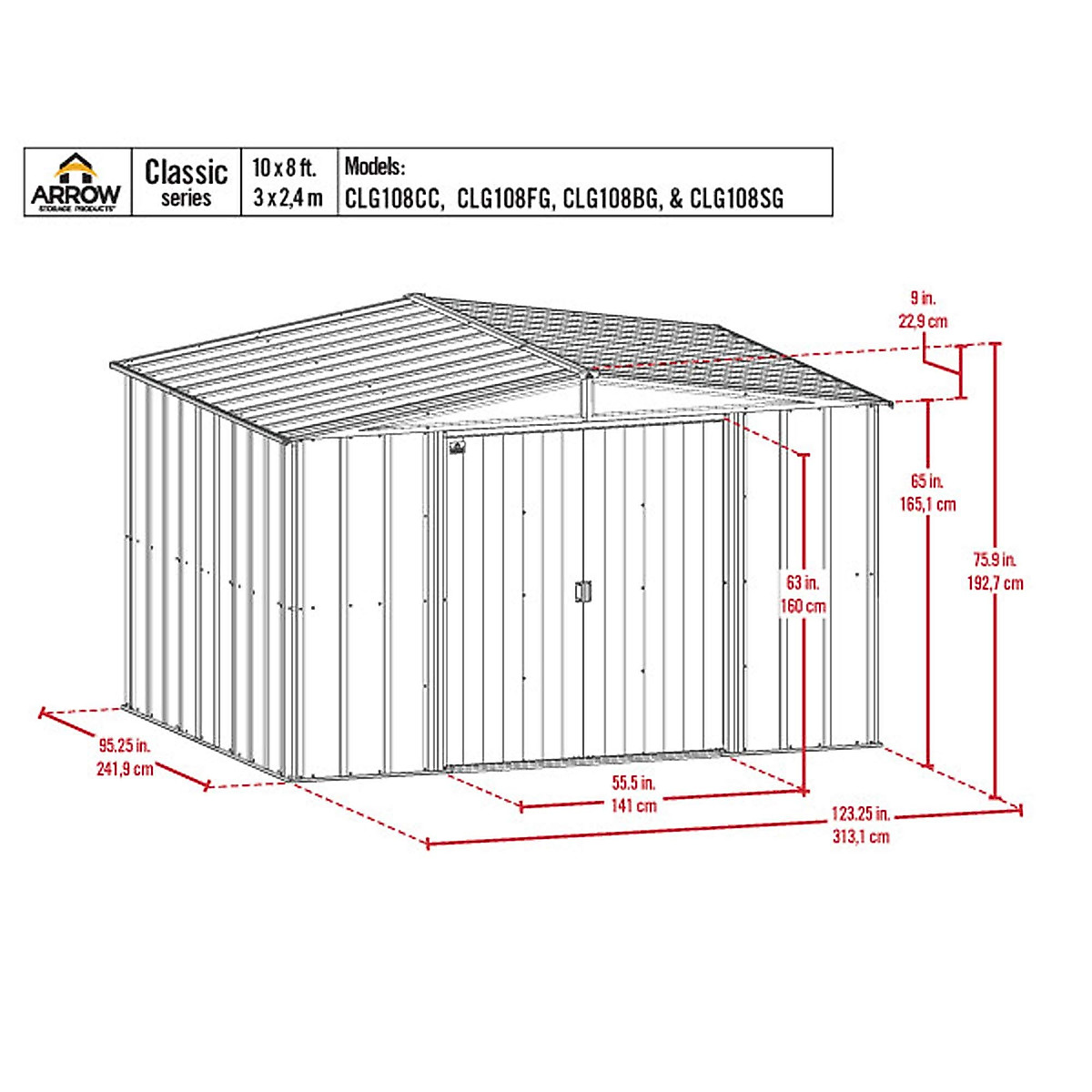 Arrow Classic Steel Storage Shed, 10x8, Blue Grey