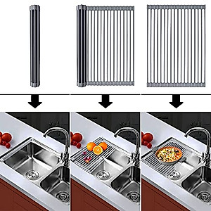 Neholef Roll-Up Dish Drying Rack, Over The Sink Multipurpose Dish Drainer Rack, Heat-Resistant Anti-Slip Silicone Coated Dish Rack for Kitchen Sink Countertop