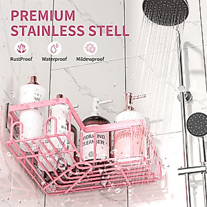 Youvip Shower Caddy Corner，3 pack Corner Adhesive Shower Caddy，Stainless Steel Bathroom Shower Organizer with Hooks & Soap Holder，Shower Shelves No Drilling for Bathrrom，Pink