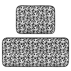 JIPONI Halloween Zombie Skeleton Skull Kitchen Rugs Set of 2 Pieces, Non Slip Cushioned Anti Fatigue Mats for Kitchen Floor, 19.7"X27.6"+19.7"X47.2" Heavy Duty Comfort Standing Mats