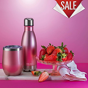 CHILLOUT LIFE Stainless Steel Wine Tumblers 2 Pack 12 oz - Double Wall Vacuum Insulated Wine Cups with Lids and Straws Set for Coffee, Wine, Cocktails (Rose Gold)