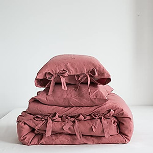 Simple&Opulence 100% Linen Duvet Cover Set, 3 Piece Belgian Flax Breathable Bedding, Queen Size 88''x92'' (1 Comforter Cover+2 Pillowshams) with Tie Closure Style, Coral-Red