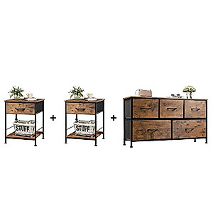 WLIVE Two Nightstand and 5-Drawer Dresser Set, abric Dresser, Storage Organizer Unit with Fabric Bins for Closet, Living Room, Hallway, Nursery, Easy Assembly, Rustic Brown Wood Grain Print