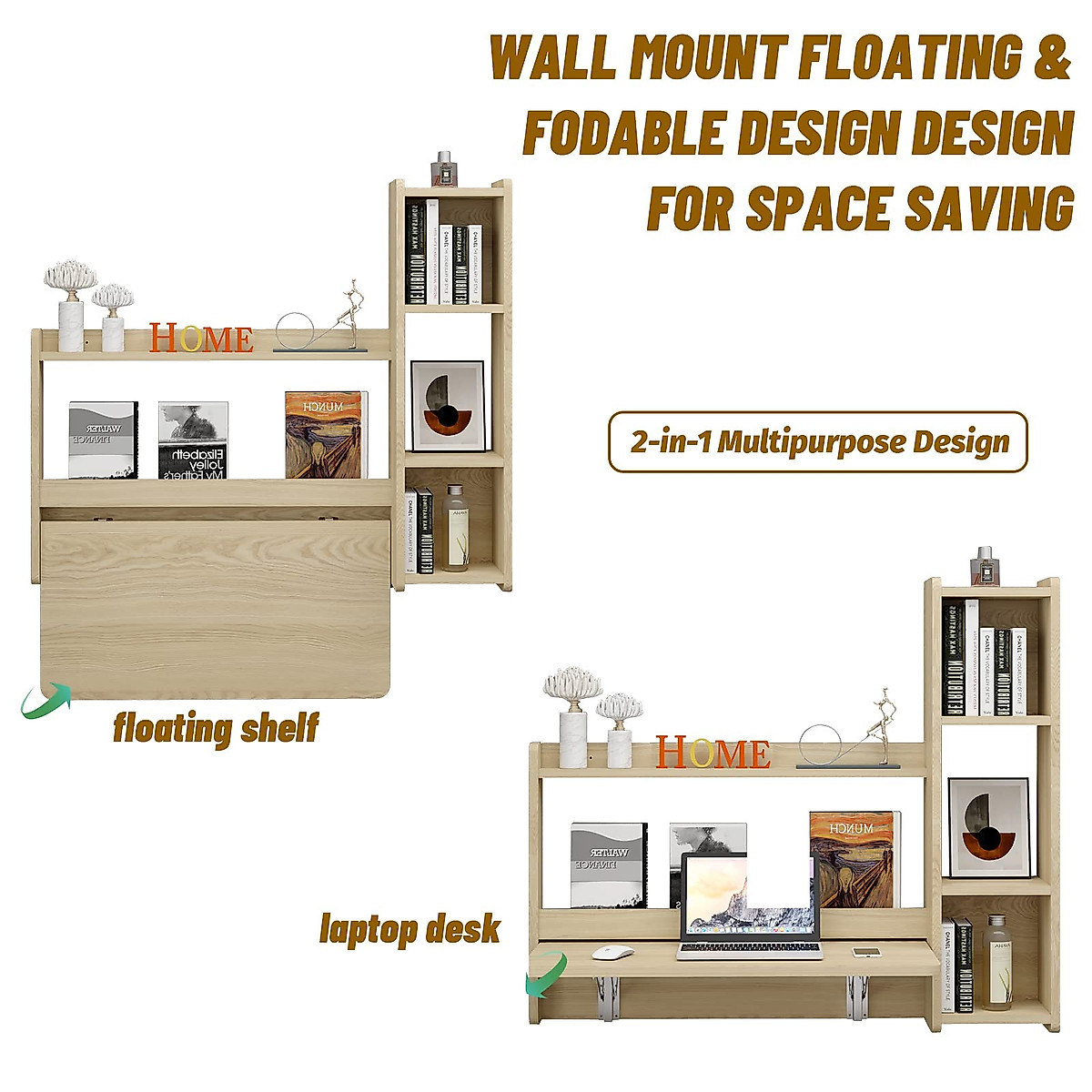 Pmnianhua Floating Desk,41''Wall Mounted Table Folding Fold Down Laptop Computer Desk with Storage Shelves for Wall Bedroom Small Space (Natural)