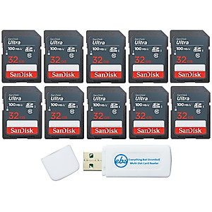 SanDisk 32GB Ultra SD Memory Card (10 Pack) SDHC UHS-I Card 100 MB/s Class 10 (SDSDUNR-032G-GN3IN) Bundle with (1) Everything But Stromboli Microfiber Cloth & SD/Micro Card Reader