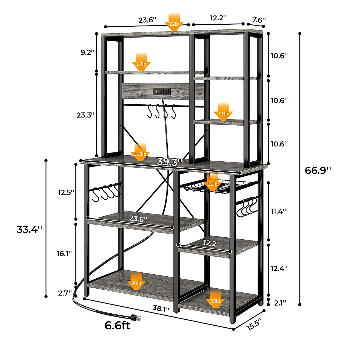 SUPERJARE Large Bakers Rack with Power Outlets, 6-Tier Microwave Stand, Coffee Bar with 12 S-Shaped Hooks, Kitchen Shelf with Wire Basket, 39.3 x 15.5 x 66.9 Inches, Charcoal Gray