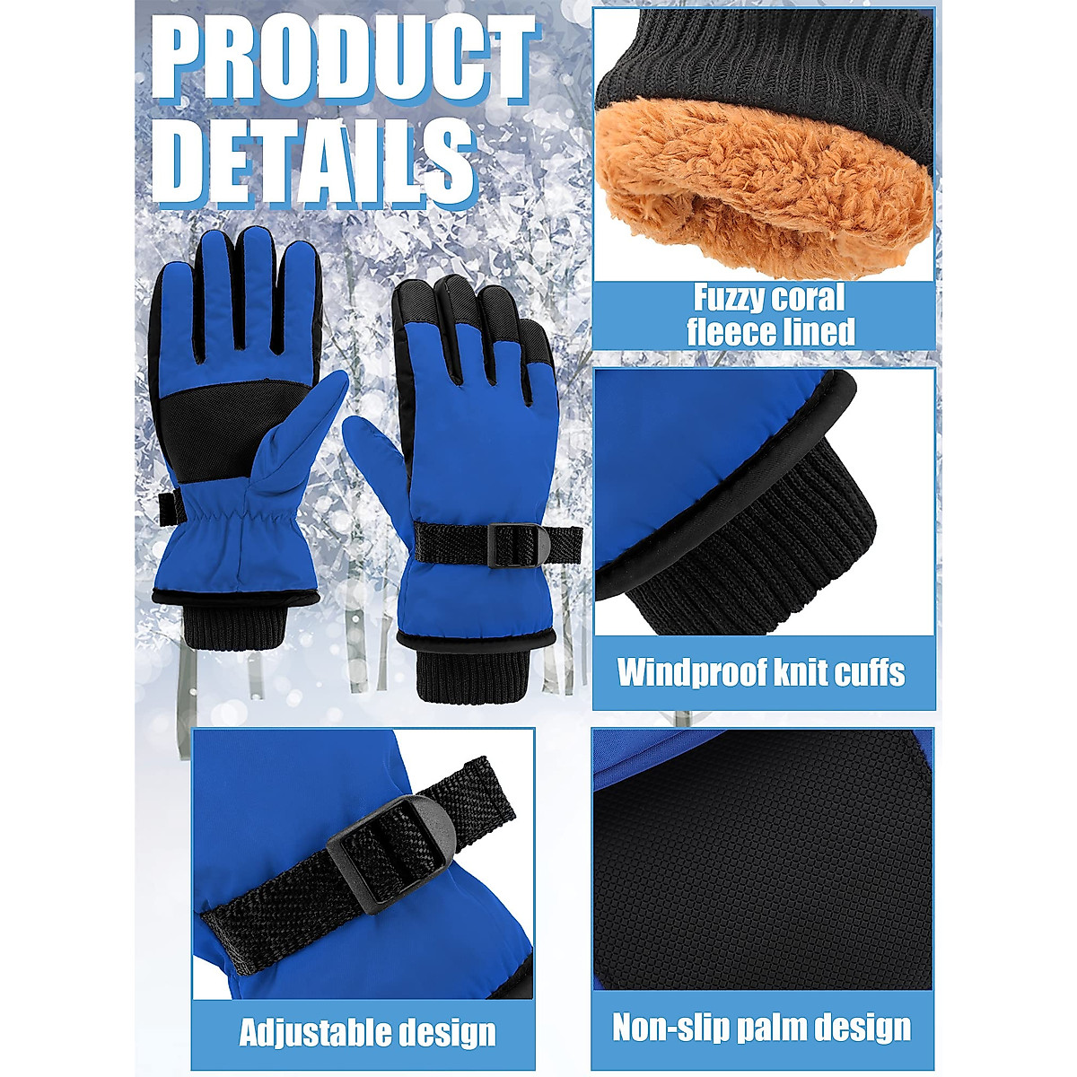 Eurzom 2 Pairs Kids Winter Gloves Waterproof Ski Gloves Windproof Warm Unisex Ski Gloves Warm Snow Gloves with Hook and Loop(Red, Blue, for 6-13 Years)