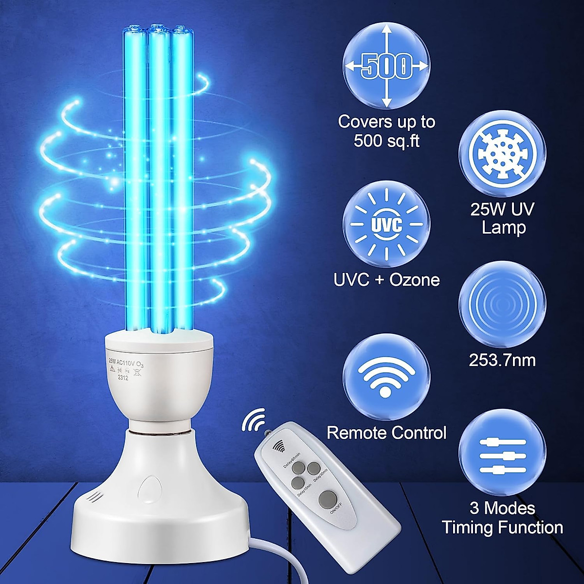 Qualirey 25 Watt UV Light Sanitizer, UVC Lamp with E27 Base and Remote Control, UV Light Bulb for Basement/Bedroom/Kitchen, with Ozone
