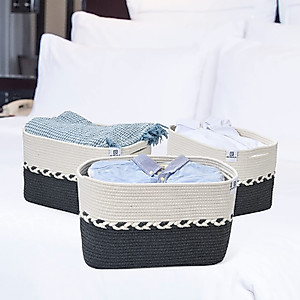 RITHLELA Cotton Rope Cube Shelf Storage Baskets Set of 3, Woven Baskets Fabric Bins Cat Toy Baskets Shelves Nursery Basket for Bathroom Bedroom Dark Grey & White 15"x10"x9" Design
