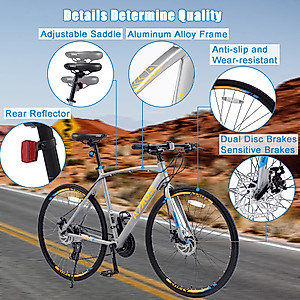 SUNDALY 700C Hybrid Road Bike 24 Speed, Double Disc Brakes, Aluminum Alloy Lightweight Frame, City Commuter Bike for Men/Women, Grey