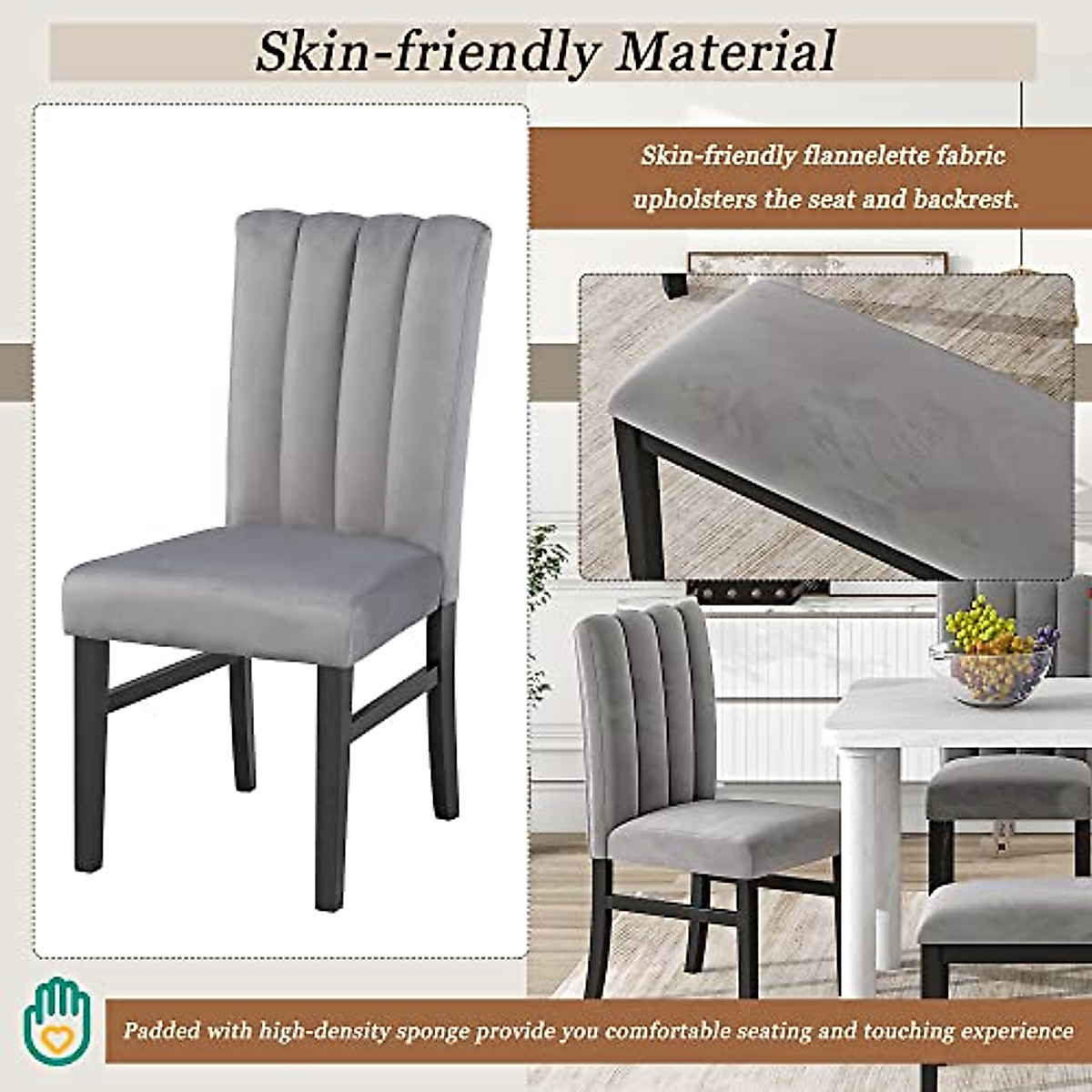 RITSU 6-piece Set, 60" table seat, 4 fabric upholstered dining chairs and 1 bench for 6 people, suitable for living furniture, guest room, home bar and kitchen, white + gray