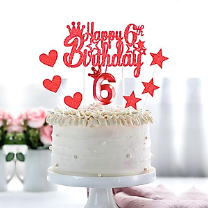 6th Birthday Decorations for Girls, Birthday Princess Crown Queen Tiara, It's My 6th Birthday Sash, 6 Year old Birthday Cake Topper, Number Candles Balloons Set for Birthday Party Supplies, Red