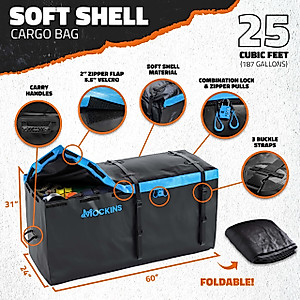 Mockins 60"x24"x6" Folding Trailer Hitch Cargo Carrier w/ 25 CuFt. Soft Vinyl Waterproof Cargo Bag | 500 Lbs. Capacity Car Carrier Cargo Rack & Car Bag Set | Waterproof Truck Bed Storage Accessories