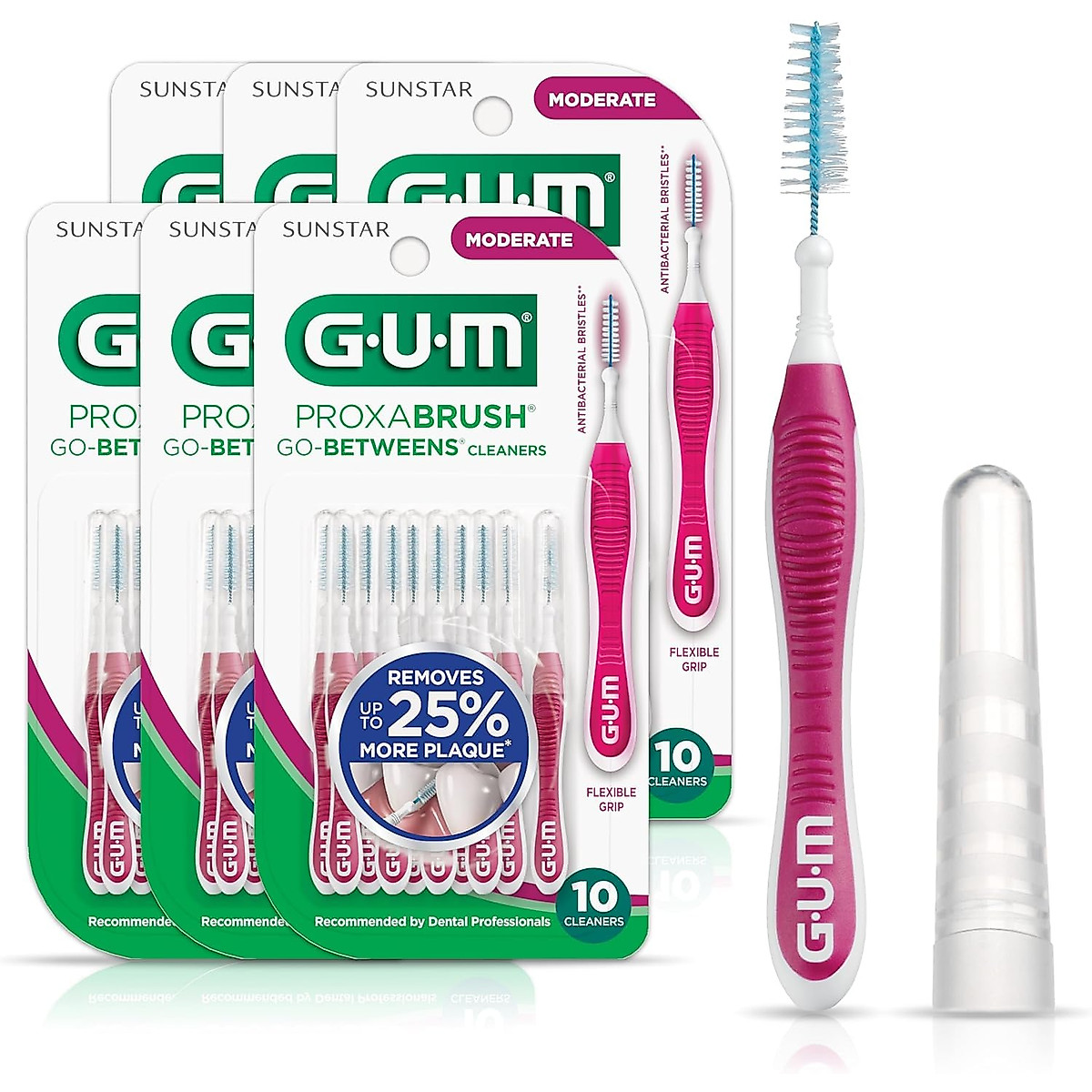 GUM Proxabrush Go-Betweens - Moderate, Interdental Brushes Between Teeth, Dental Picks for Plaque Removal, Safe for Braces & Dental Devices