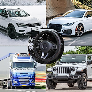 Osilly Car Steering Wheel Cover, 15 inch Carbon Fiber Microfiber PU Leather Elastic Steering Wheel Protector for Men Women, Anti-Slip Breathable Car Interior Accessories for Most Cars (Black)