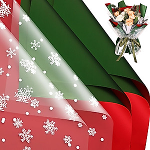 Whaline 40Pcs Christmas Flower Wrapping Papers Double Color Red Green Floral Packaging Papers with Snowflakes Cellophane Florist Bouquet Wrapping Papers, 23 x 23 Inch