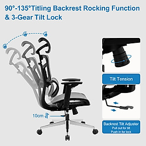 Ergonomic Office Chair, High Back Office Chair, Big & Tall Mesh Computer Chair with Lumbar Support/Headrest/5D Armrests, Executive Desk Chair with Adjustable Height for Home Office/Learning/Conference