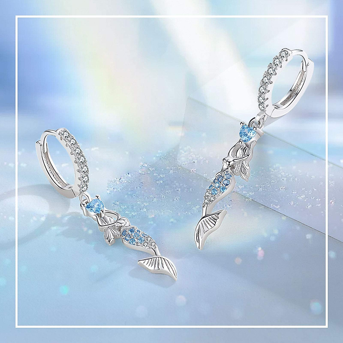 Cuoka Mermaid Earrings 925 Sterling Silver CZ Mermaid Dangle Drop Earrings,Hawaii Mermaid Hoop Earrings Jewelry for Women Mermaid Lovers