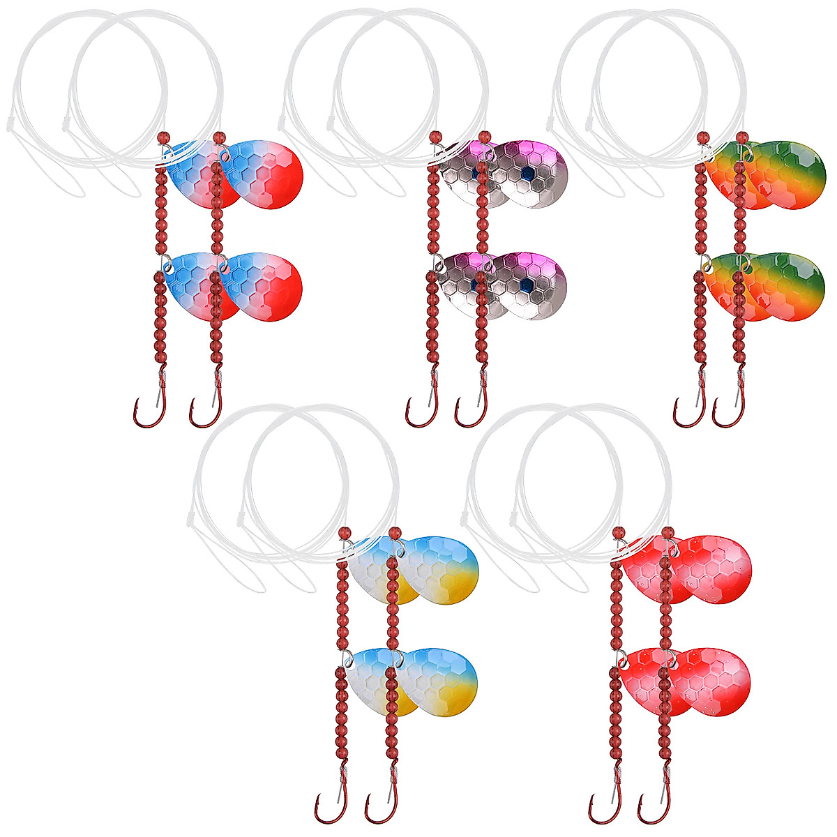 Walleye Harness Spinner Rig, 5 Packs Walleye Rig Fishing Making Kit Colorado Blades Mono Leader Hooks Clevises Beads (Mixed-10Packs)