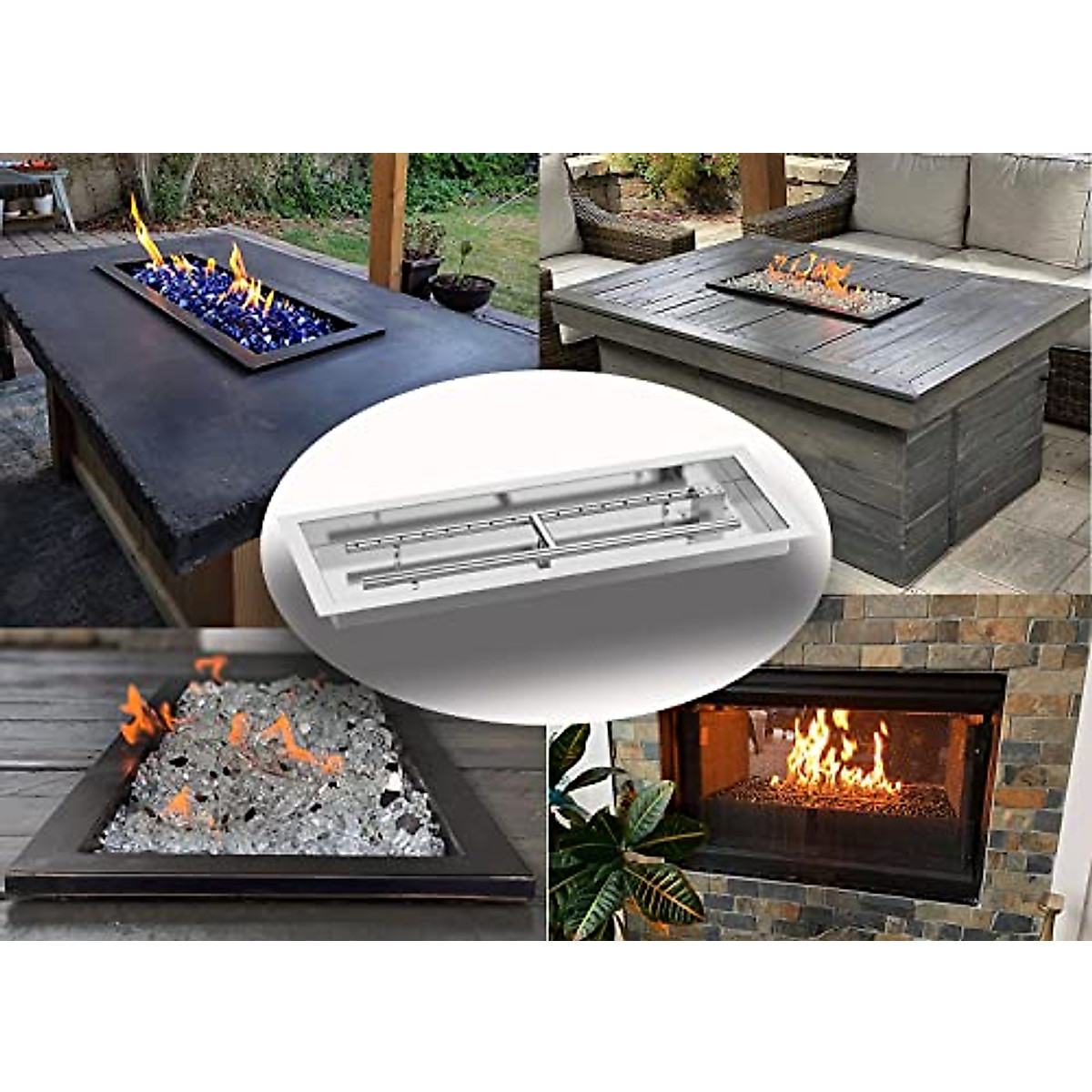 QuliMetal 24" x 8" Drop-in Fire Pit Pan with Spark Ignition Kit - Natural & Propane Gas Rectangular 304 Stainless Steel Fire Pit Burner Kit for Indoor & Outdoor, Rated for up to 150K BTU