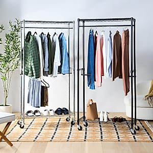 Amazon Basics Adjustable, Double Hanging Rod Garment Rolling Closet Organizer Rack - Black, 72 inches