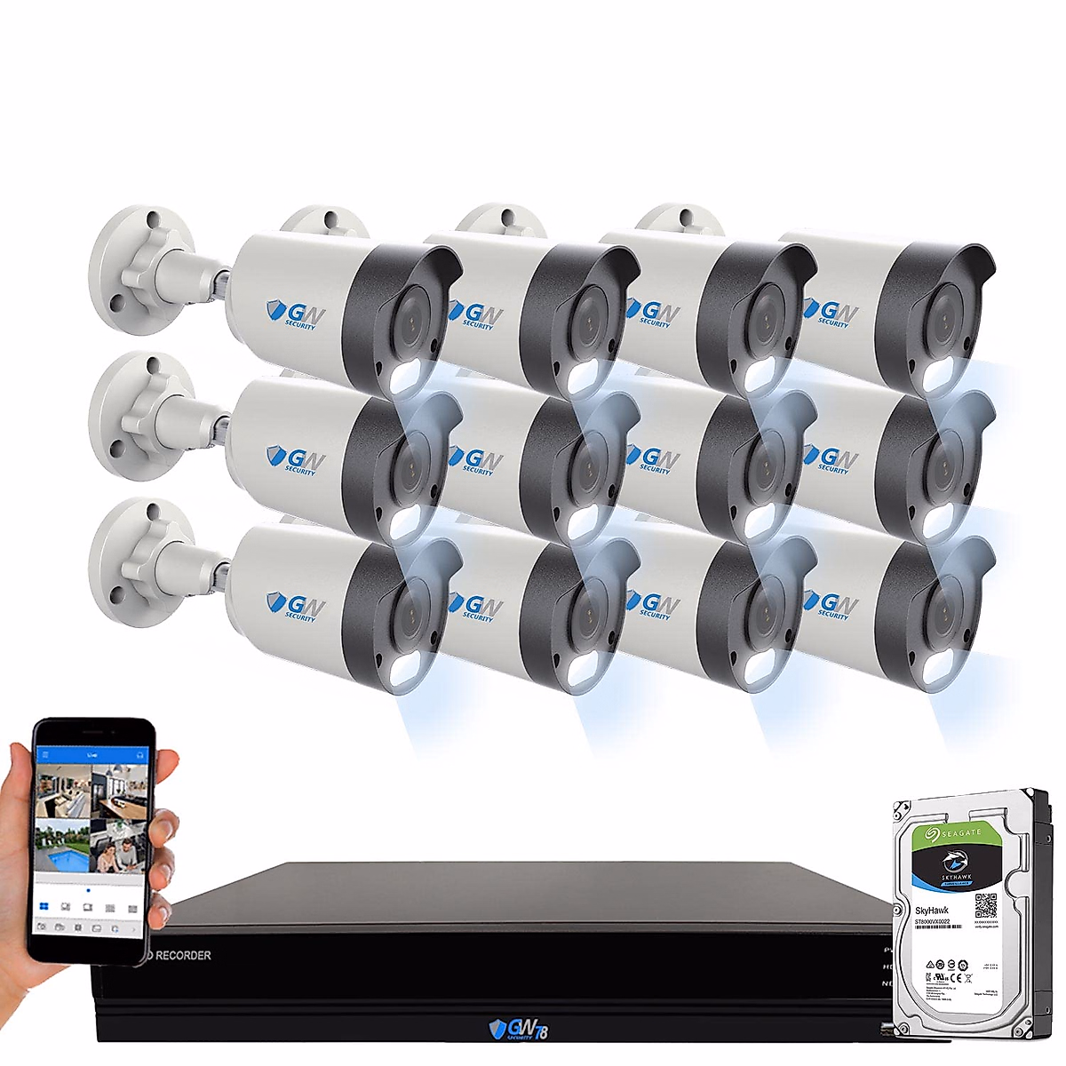 GW 12 Channel 2K NVR 2MP H.265+ Color Night Vision Human Detection Security Camera System - 12 x UltraHD 2K PoE IP Indoor Long Camera