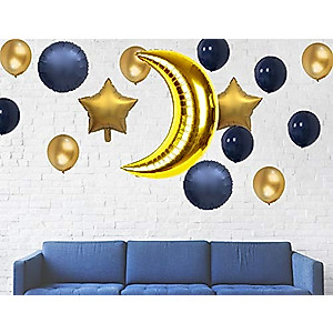InBy 15pcs Navy Blue and Gold Moon Balloon Sky Night Moon Star Theme Balloon Party Decoration Baby Boy Girl Shower Wedding Birthday 36" Moon Foil Mylar Balloon 18" Start Balloon 12" Latex Balloon Kit