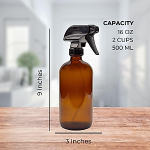 Cornucopia Brands 16oz Amber Glass Spray Bottles w/Reusable Chalk Labels (2 Pack), Heavy Duty Mist & Stream 3-Setting Sprayer; Great for Essential Oils