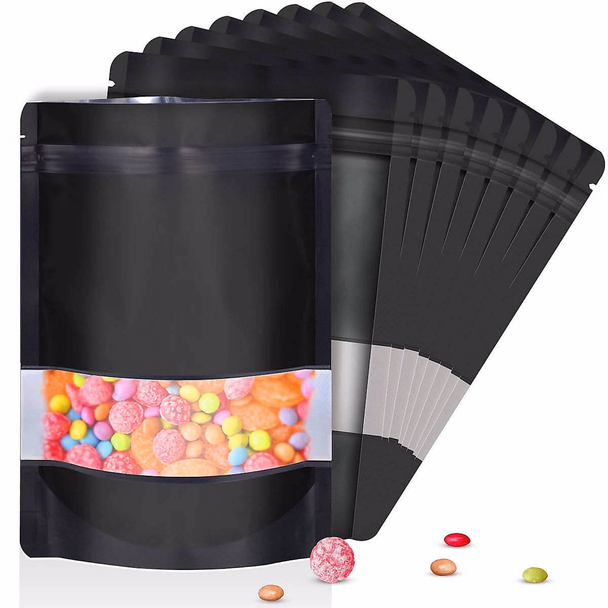 ODDIER 4"x6" 120pcs Smell Proof Mylar Bags for Food Storage, Stand-up Resealable Mylar Bags Food Storage Bags with Matte Window, Foil Pouch Stand-up Bags for Food Self Sealing Storage（Black ）