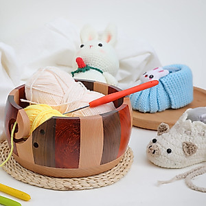 Wooden Yarn Bowls for Crocheting Crochet Bowl Knit Bowls for Yarn Crochet Basket Wool Storage Basket Round with Holes Handmade Craft Crochet Kit Organizer Perfect for Mother's Day (Multicolor)