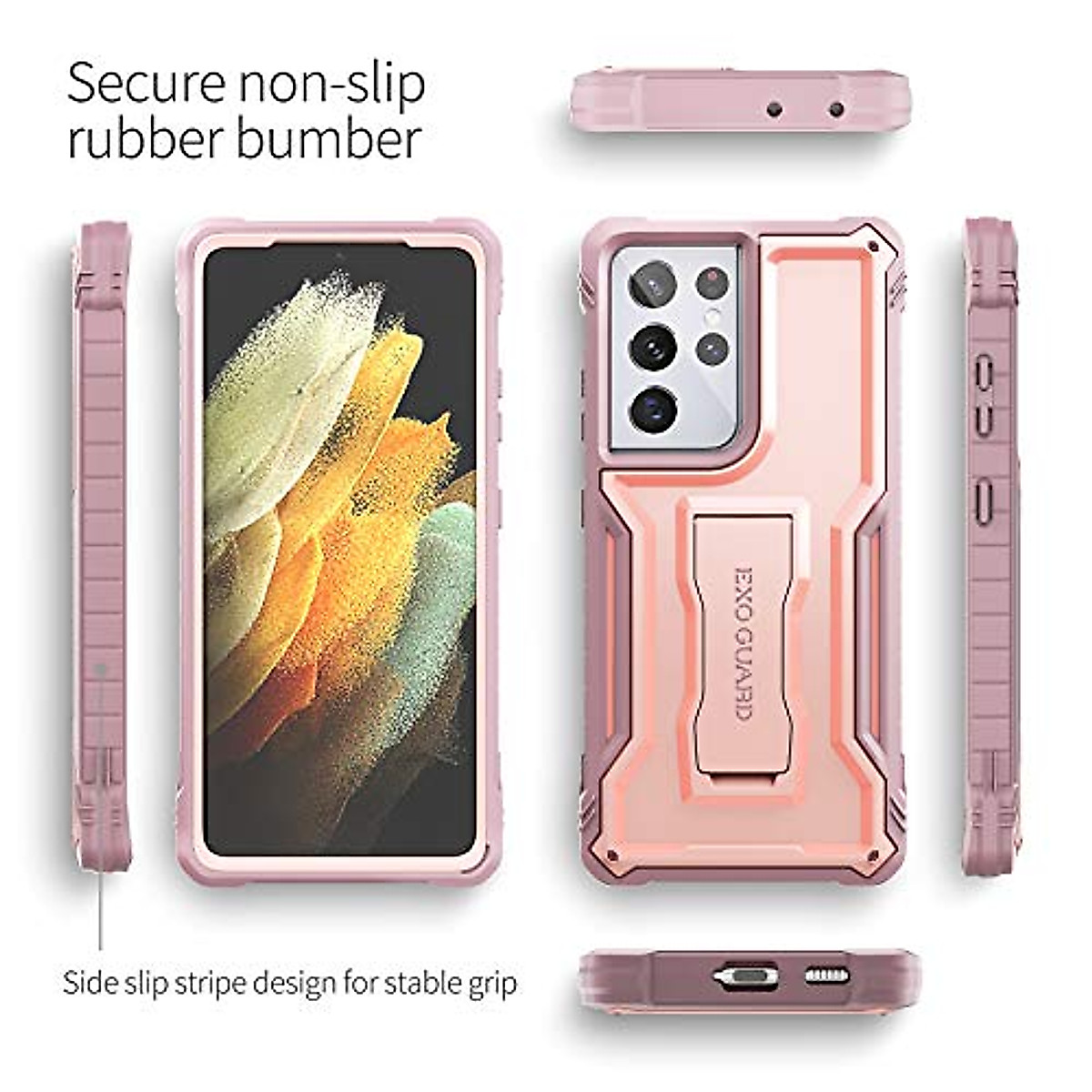 ExoGuard Samsung Galaxy S21 Ultra 5G Case, Rubber Shockproof Full Body Cover Case for Samsung S21 Ultra 5G Phone 6.8 inch, Built-in Kickstand (Pink)
