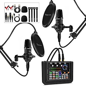 Hayner-Seek Audio Interface Podcast Equipment Bundle for 2, Podcast Kit Audio Interface with Sound DJ Mixer for Live Streaming/Recording/Gaming, Phone/PC/Laptop