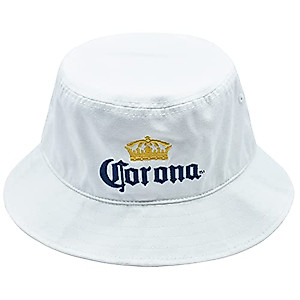 Corona Extra Bucket Hat with Embroidered Logo, Packable Travel Sun Hat, Wide Brim Cap, White
