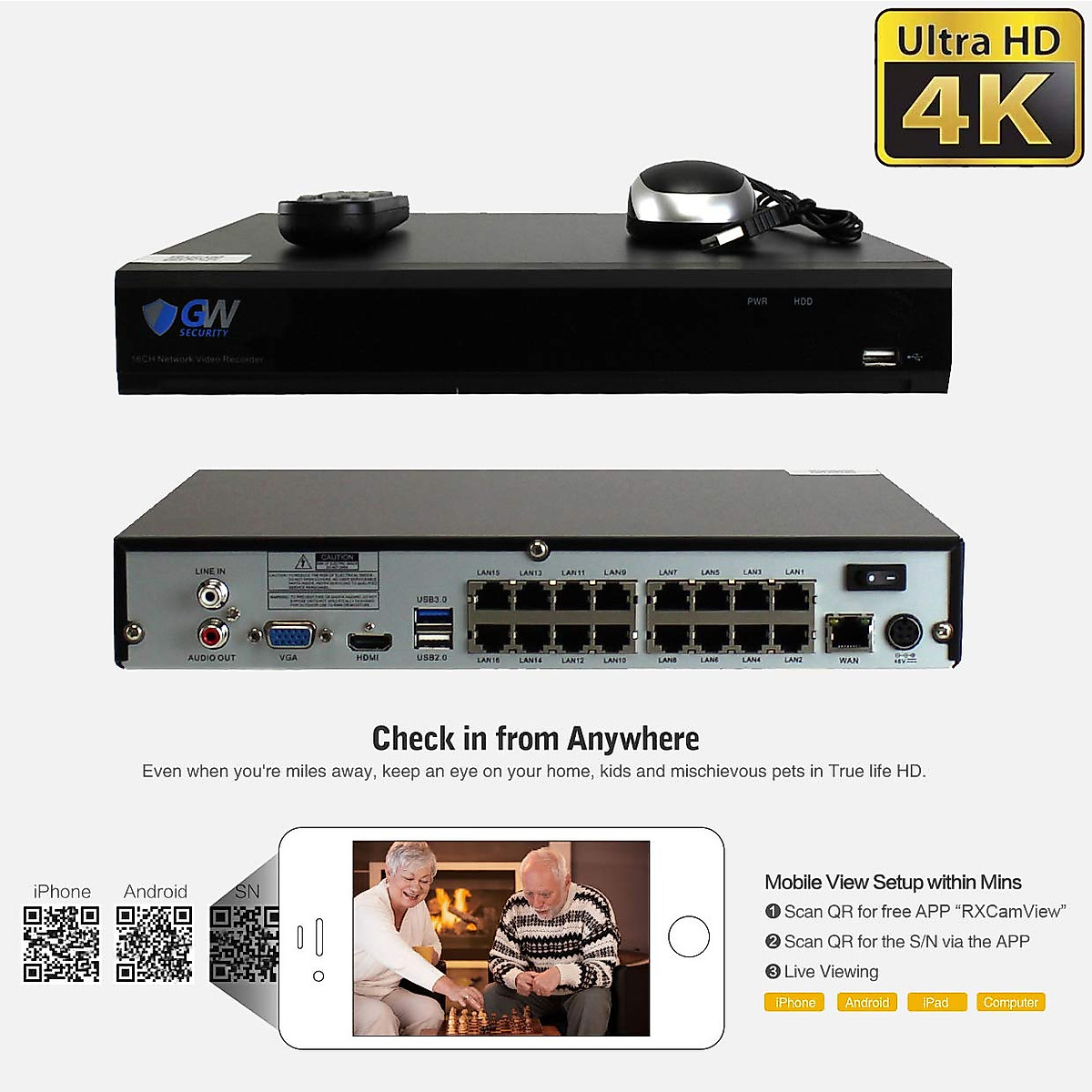 GW Security Smart AI 16 Channel H.265 PoE NVR Ultra-HD 4K (3840x2160) Security Camera System with 8 x 4K (8MP) 2160P Face Recognition/Human/Vehicle Detection Outdoor Indoor Microphone Dome IP Camera