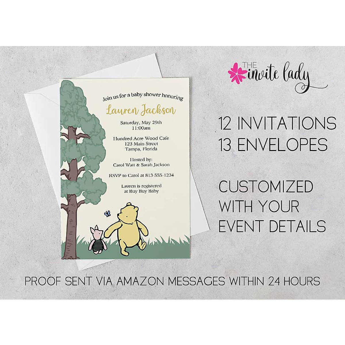 Winnie the Pooh Baby Shower Invitation Pooh Bear Piglet Cute Cartoon Vintage Nostalgic Unisex Gender Neutral Sprinkle Custom Printed Personalized Customized (12 count)