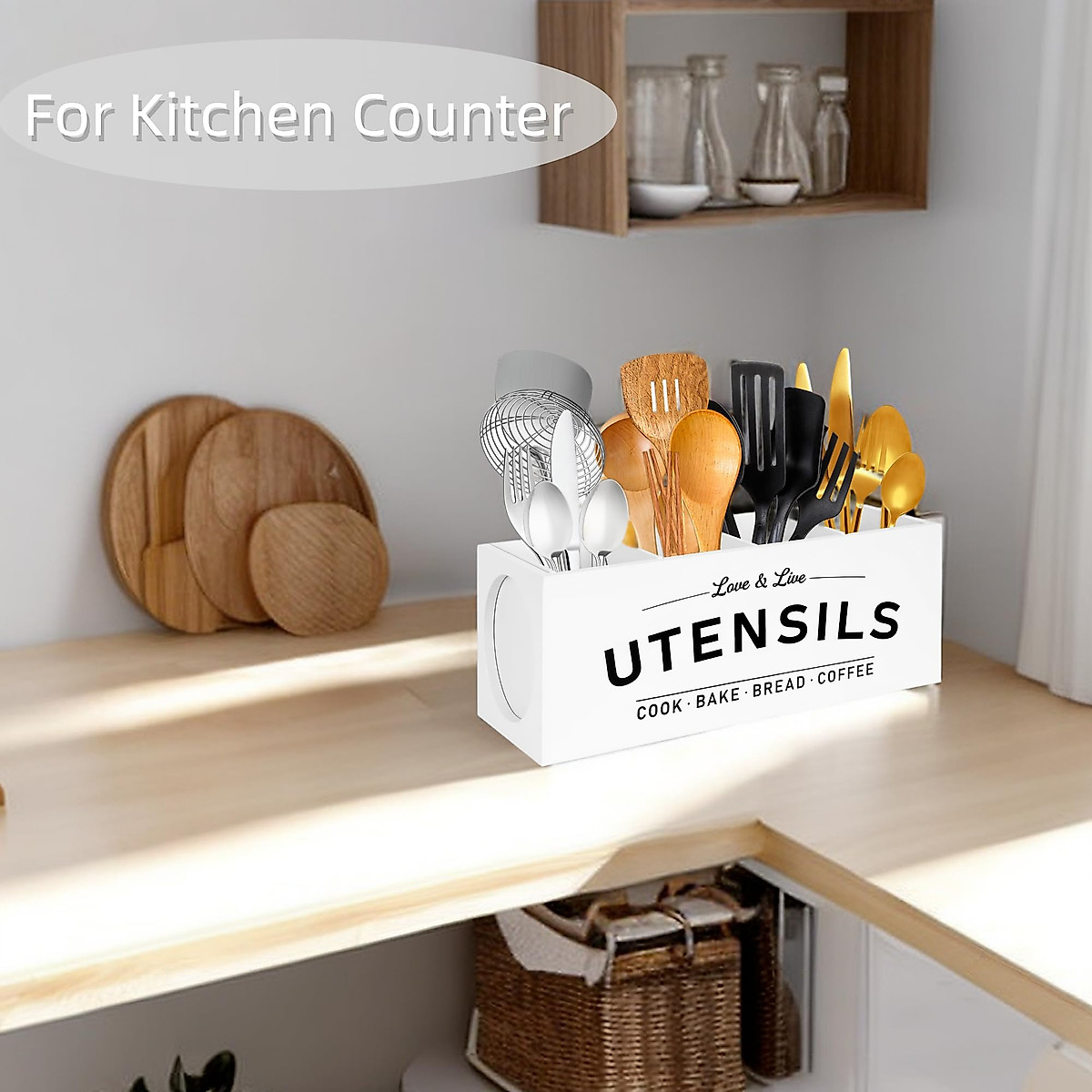 AiMQnLe Extra Large Utensil Holder - 4 Compartments Kitchen Utnesil Organizer, Wooden Cooking Utensil Crock for Kitchen Countertop, Kitchen Counter Decor (White