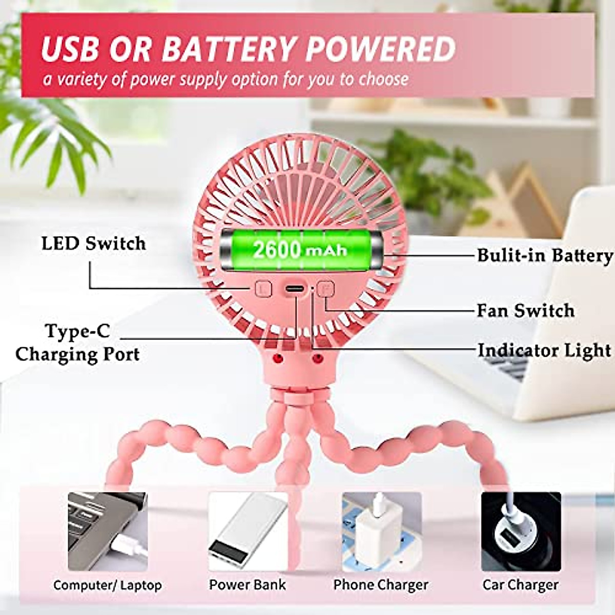 YKLWORLD Mini Stroller Fan, Handheld Portable Fan with Flexible Tripod, USB or Battery Powered Personal Desk Fan 3 Speeds Baby Fan with LED Light & Aromatherapy for Car Seat Crib Bike Treadmill - Pink